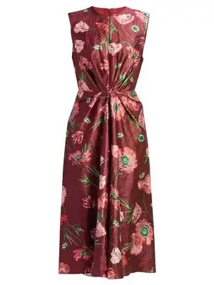 Erdem Textured Satin Floral Print Midi Dress - Red