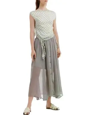 B+AB Cream And Grey Check Pattern Ruffled Top - Neutrals
