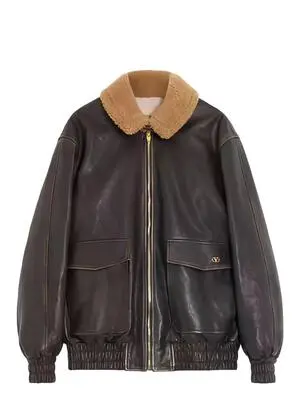 Valentino Garavani Shearling Collar Leather Bomber Jacket - Brown