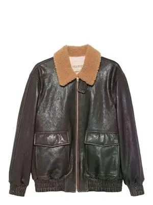 Valentino Garavani Shearling Collar Leather Bomber Jacket - Brown