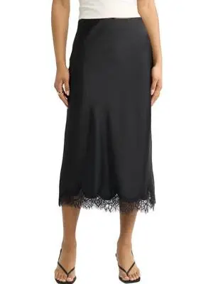 OPEN EDIT Lace Trim Satin Midi Skirt - Black