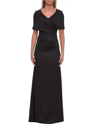 La Femme Draped Bodice Jersey Gown With Short Sleeves - Black