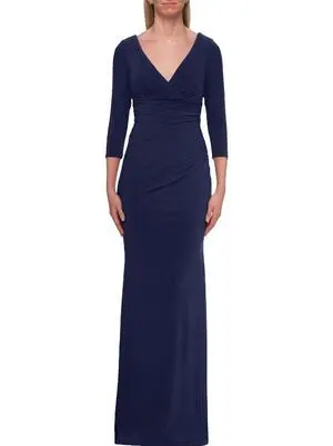 La Femme V-neck Ruched Gown With Three-quarter Sleeves - Navy