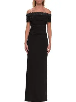 La Femme Off-the-shoulder Lace Trim Evening Gown - Black