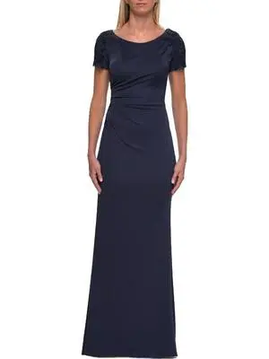 La Femme Embellished Shoulder Gown - Navy