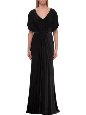 La Femme Flutter Sleeve Beaded Waist Gown - Black