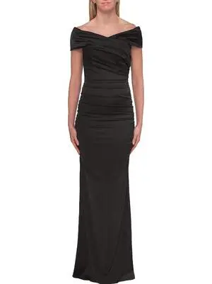 La Femme Off-the-shoulder Ruched Satin Gown - Black