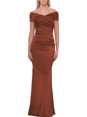 La Femme Off-the-shoulder Ruched Satin Gown - Copper