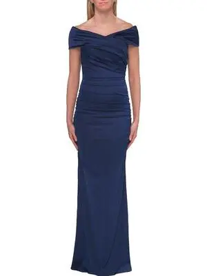 La Femme Off-the-shoulder Ruched Satin Gown - Navy