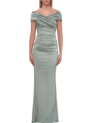La Femme Off-the-shoulder Ruched Satin Gown - Sage