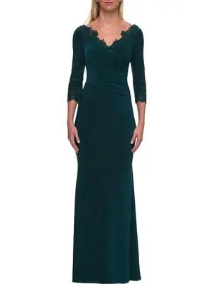 La Femme V-neck Lace Trim Gown With Three-quarter Sleeves - Emerald