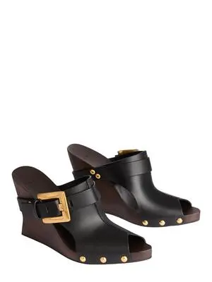 Balmain Anthem Wedge Smooth Leather Mules - Black