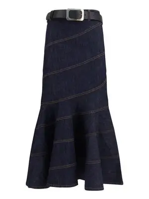 SELF-PORTRAIT Denim Midi Skirt With Belt - Blue