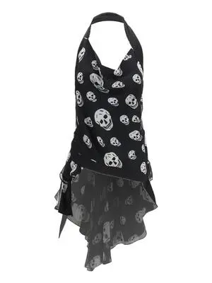 Alexander McQueen Halter Silk Top With All-over Skull Print - Black