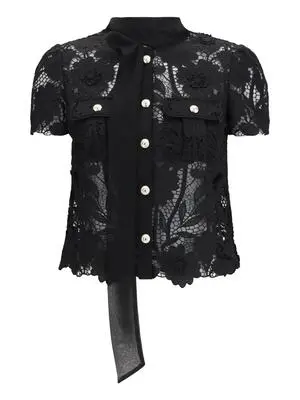 SELF-PORTRAIT Lace Tie-neck Top With Gold Button Detail - Black