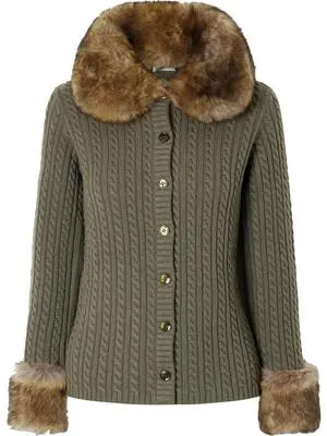Saint Laurent Shearling-trimmed Cable-knit Cardigan - Green