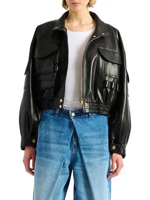 Balmain Lambskin Leather Bomber Jacket - Black