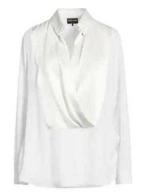 GIORGIO ARMANI GIORGIO ARMANI Silk Crepe Satin Wrap-Effect Polo Collar Long Sleeve Top