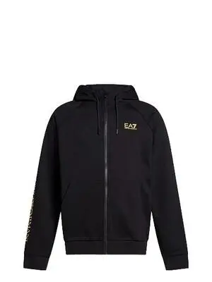 EA7 Cotton Polyester Hooded Zip-up Sweatshirt With Logo Print - Black