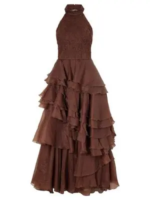 Aje Fayette Tiered Ruffled Halterneck Gown - Brown