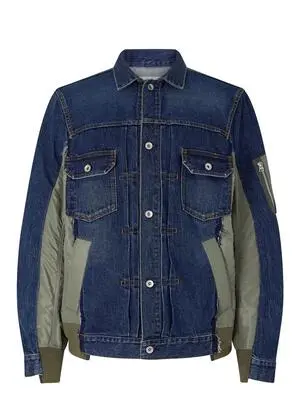 Sacai Distressed Denim And Shell Paneled Jacket - Blue