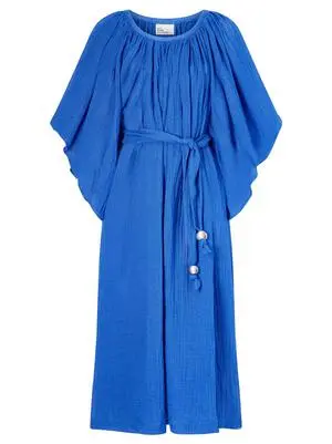 Lisa Marie Fernandez Embellished Belted Crinkled Gauze Midi Dress - Blue