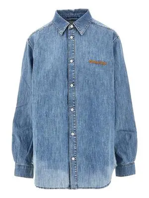 Miu Miu Logo Embroidered Chambray Denim Shirt - Blue