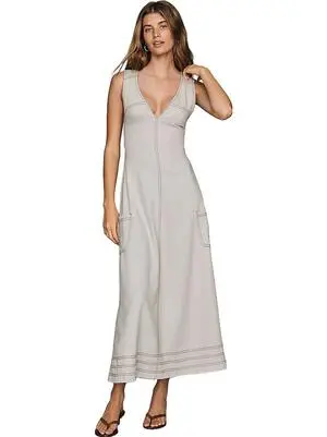 PILCRO Cotton Denim Apron Midi Dress With Plunge Neckline - Grey