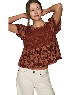 Anthropologie Sheer Mesh Panel Babydoll Top With Ruffled Sleeves - Sable