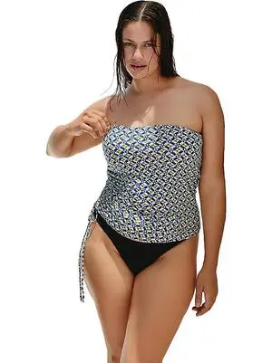 CELANDINE Geometric Print Bandeau Tankini Top With Side Drawstring - Blue Pattern