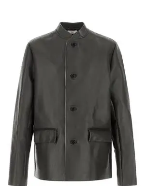 RIER Rieri Dark Leather Jacket With High Collar - Grey