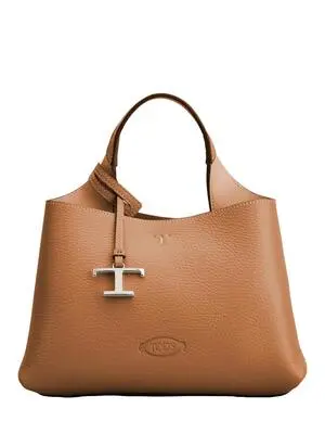 TOD'S T Logo Grained Leather Tote Bag - Brown