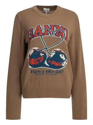 GANNI Crewneck Jumper With Cherry Graphic - Brown