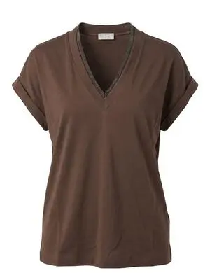 Brunello Cucinelli Monili-trimmed V-neck T-shirt - Brown