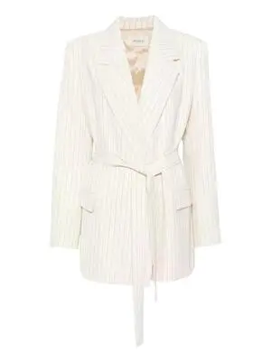 VICOLO Pinstripe Pattern Belted Blazer - Neutrals