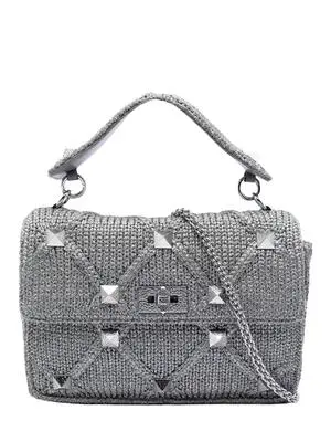 Valentino Garavani Large Metallic Knit Roman Stud Satchel - Silver