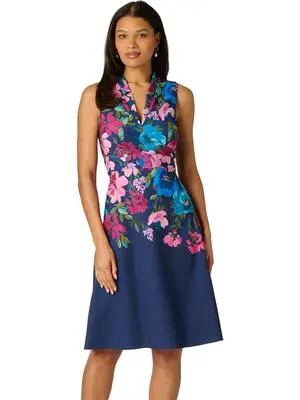 Adrianna Papell Sleeveless Collared Floral Border Twill Midi Dress - Navy Multi