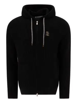 Brunello Cucinelli Brunello Cucinelli Logo Embroidered English Rib Knit Hooded Sweatshirt Black