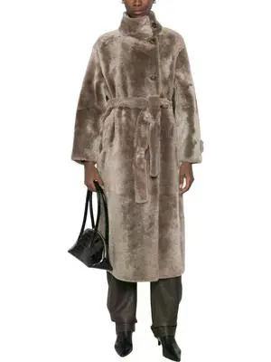 Brunello Cucinelli Belted Shearling Coat - Neutrals