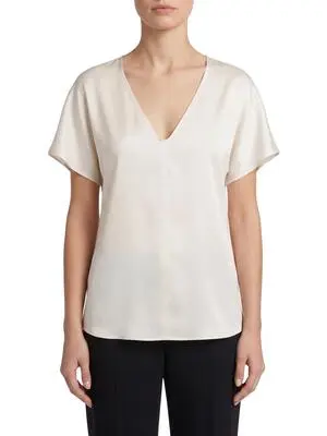 ALYSI Pure Silk V-neck Short Sleeve Blouse - Ivory