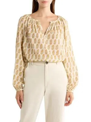 Paige Olvera Printed Cotton Split Neck Top - Bone Multi