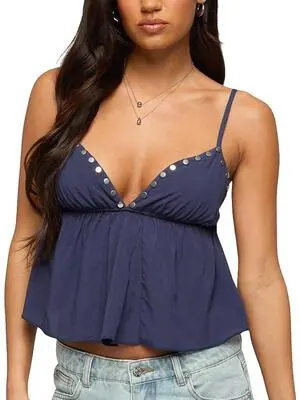 EDIKTED Alina Studded Babydoll Tank Top - Navy
