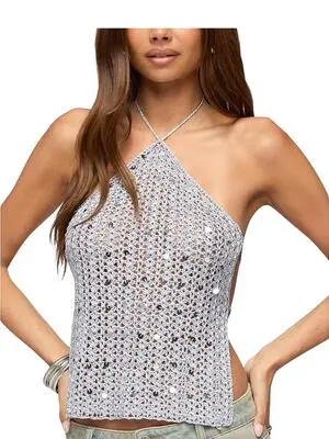 EDIKTED Thaly Backless Sequin Crochet Halter Top - Silver