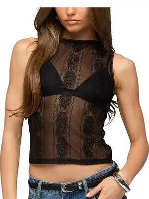EDIKTED Sheer Lace High Neck Tank Top - Black