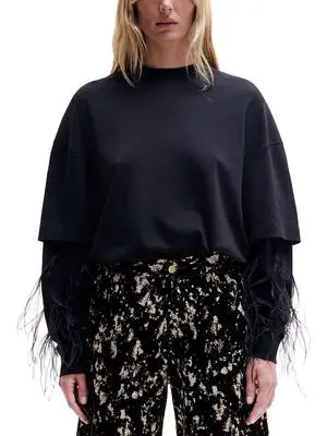 DARKPARK Double Sleeve Feather Trim Top - Black