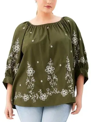 Karen Kane Embroidered Blouson Sleeve Top - Olive