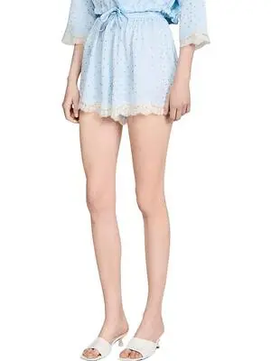 Sandro Embellished Lace-trimmed Shorts - Sky Blue