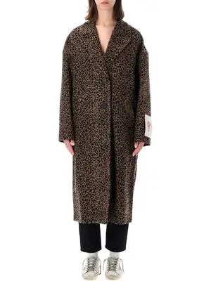 GOLDEN GOOSE Leopard Print Wool Cocoon Coat - Marrone
