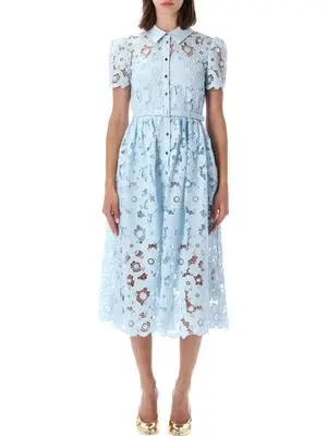 SELF-PORTRAIT Lace Midi Dress With Button Detail And Belt - Blu