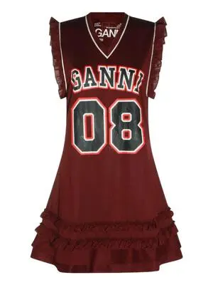 GANNI V-neck Ruffled Dress With Graphic Detail - Brown